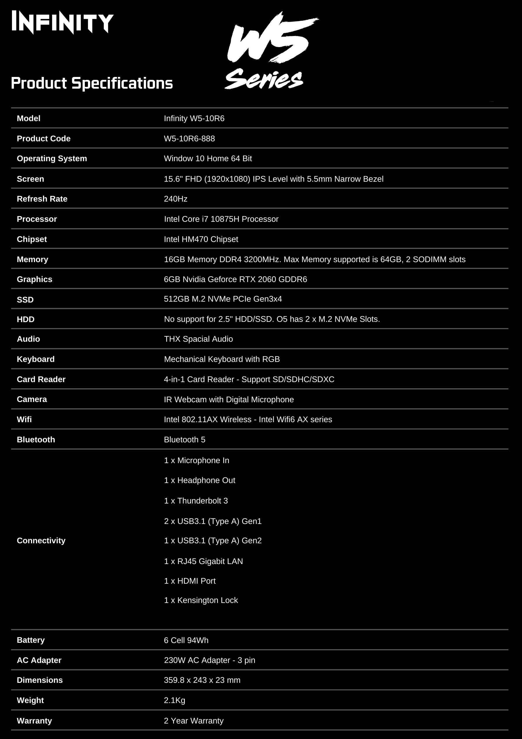 W5-10R6-888 SPECS - INFINITY